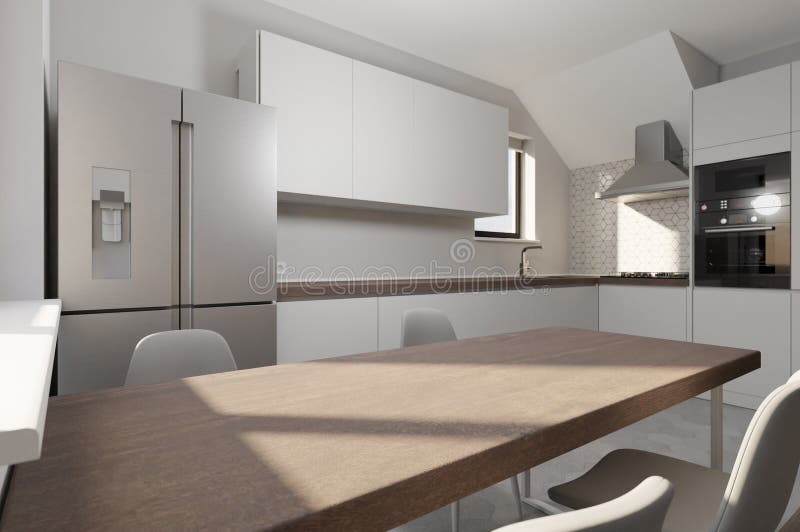 Generic Kitchen Interior, Bright and Sunlit Modern Design in 3d ...