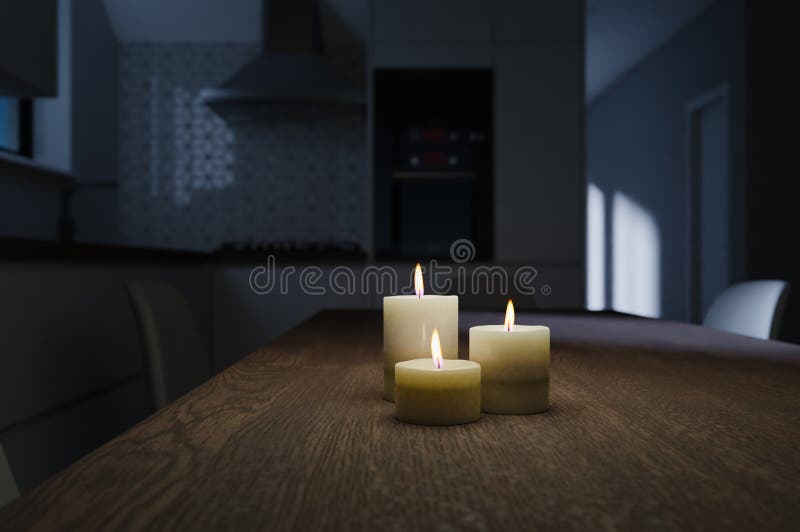 Generic Kitchen Interior at Night with Moon Light and Burning Candles ...