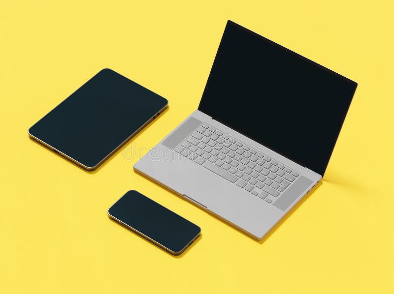 A Generic Laptop Tablet And Phone On Yellow Backdrop 3d Rendering