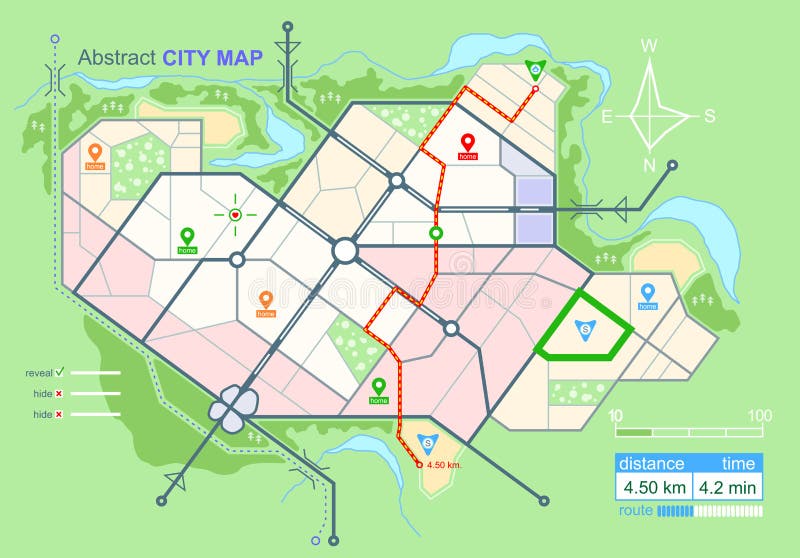 Generic Map of an Imaginary City, with the Specified Road Route. Scheme ...