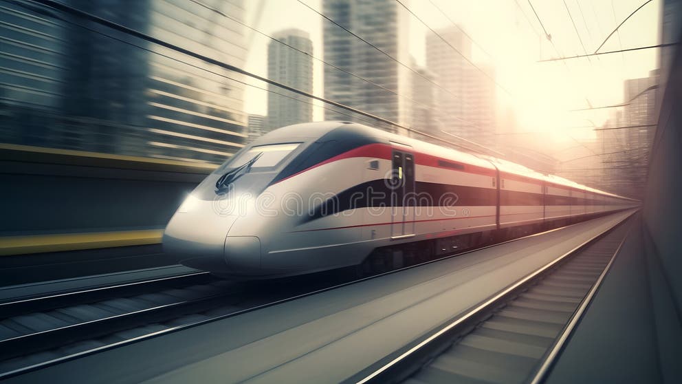 Generic Modern High-speed Train Moving Fast through the City ...