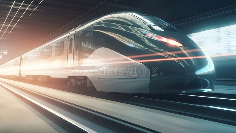 Generic Modern High-speed Train Moving Fast through the City ...
