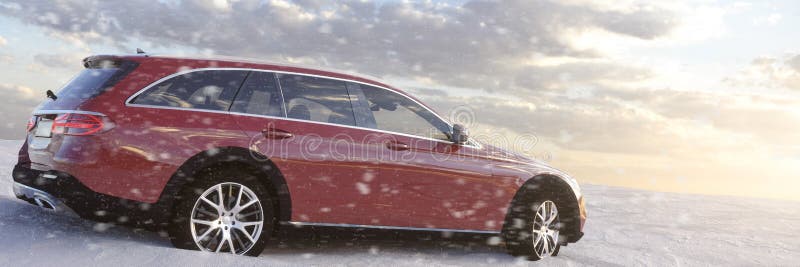 Generic Red Car Stuck in a Blizzard 3d Render Stock Illustration ...