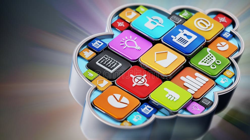 Generic Smartphone Apps Inside Cloud Shape. 3D Illustration Stock ...