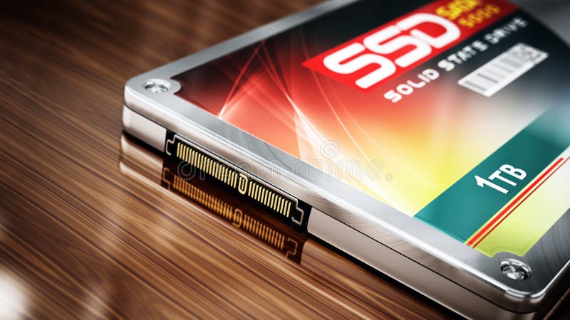 Generic SSD Standing on Wooden Table. 3D Illustration Stock ...