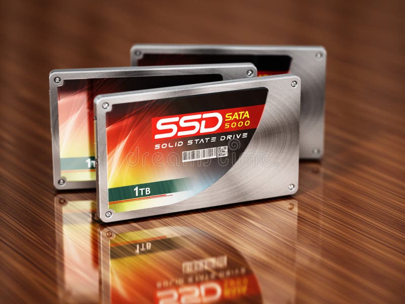 Generic SSDs Standing on Wooden Table. 3D Illustration Stock ...