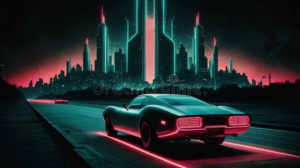 A Generic Synthwave Car is Driving Down a Road with Neon Lights in the ...
