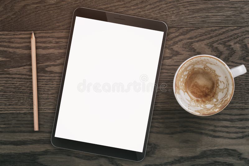 Generic Tablet Pc with Blank Screen on Wood Table with Empty Coffee Cup ...