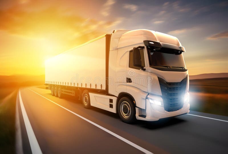Generic and Unbranded White Truck Speed Driving at Sunset, 3D ...