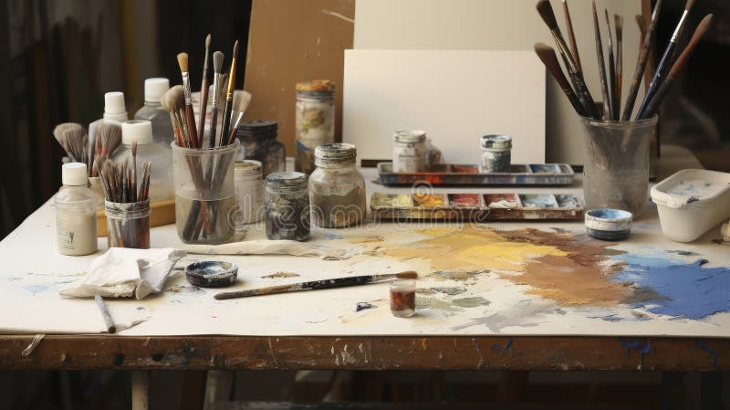 Assorted Paints and Brushes Cover a Table Ready for Creative ...