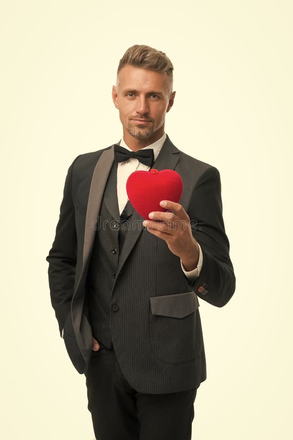 Generous Man Man Mature Handsome Guy Wear Elegant Suit Hold Red Heart