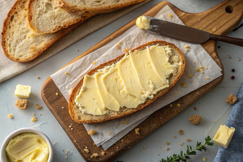 Generous Spread of Butter on a Rustic Bread Slice. Top View - Generated ...