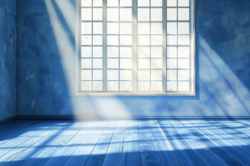 A Generously Sized Virtual Room with a Wide Blue Backdrop and a Window ...