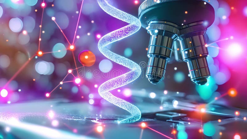 Genetic Engineering Concept. Microscope and Holographic Dna Spiral in ...