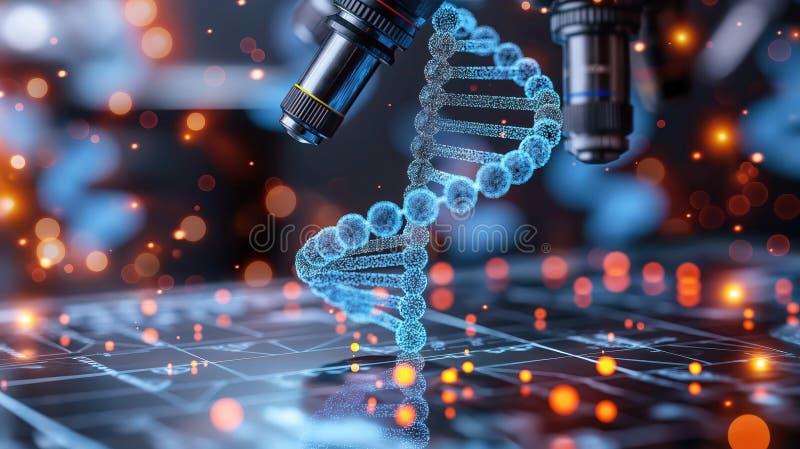 Genetic Engineering Concept. Microscope and Holographic Dna Spiral in ...
