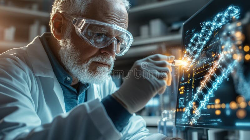 A Genetic Engineering Lab. a Scientist Observes Molecular Structures on ...