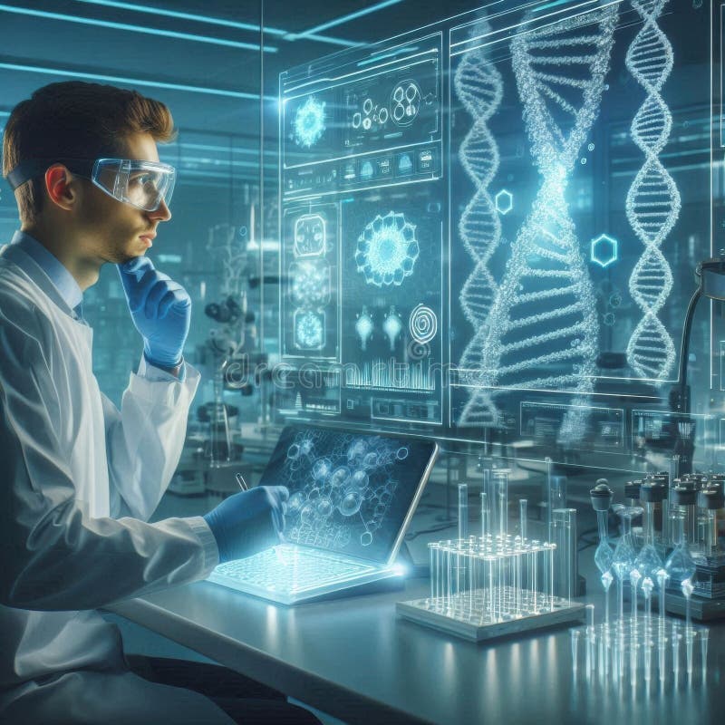 A Genetic Engineering Lab. a Scientist Observes Molecular Structures on ...