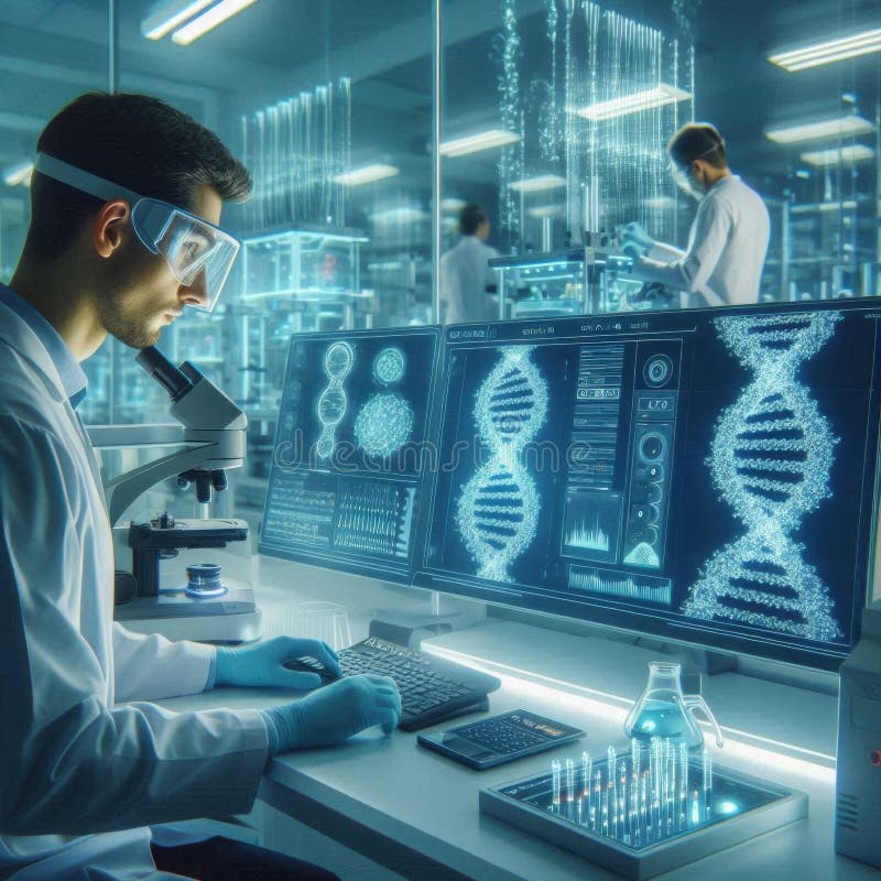 A Genetic Engineering Lab. a Scientist Observes Molecular Structures on ...