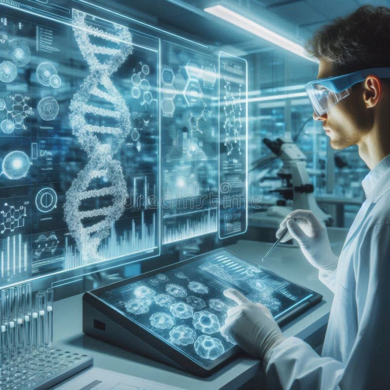 A Genetic Engineering Lab. a Scientist Observes Molecular Structures on ...