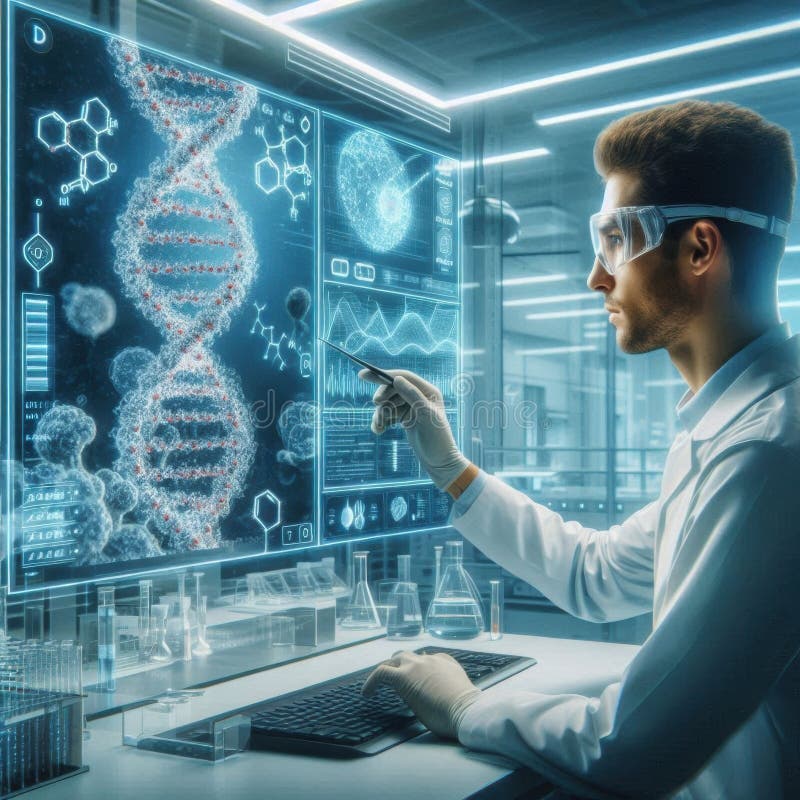 A Genetic Engineering Lab. a Scientist Observes Molecular Structures on ...