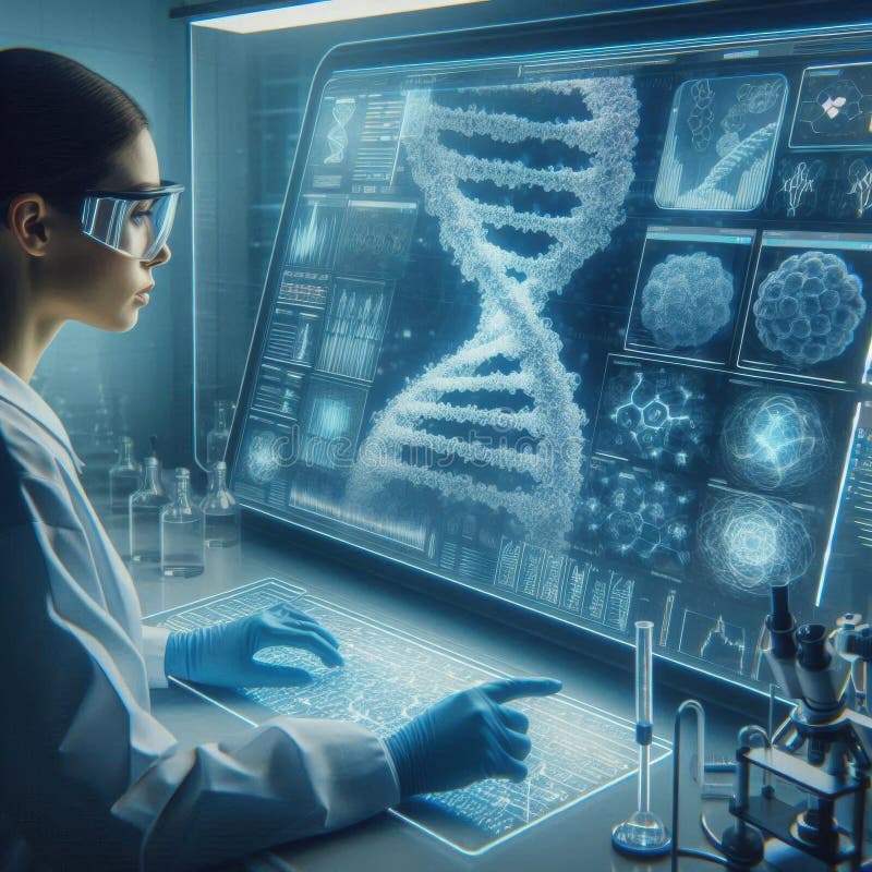 A Genetic Engineering Lab. a Scientist Observes Molecular Structures on ...