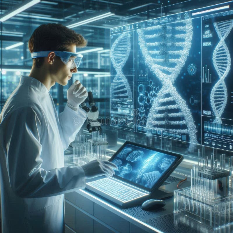 A Genetic Engineering Lab. a Scientist Observes Molecular Structures on ...