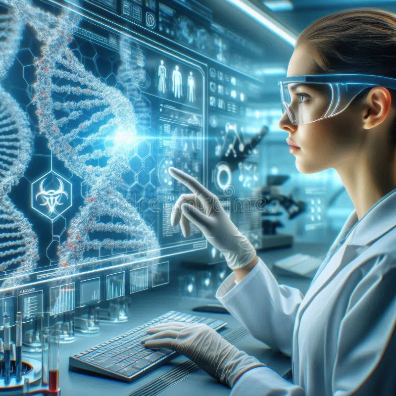 A Genetic Engineering Lab. a Scientist Observes Molecular Structures on ...