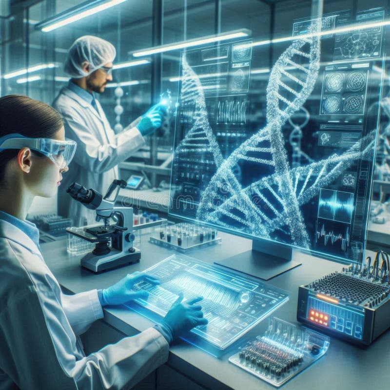 A Genetic Engineering Lab. a Scientist Observes Molecular Structures on ...