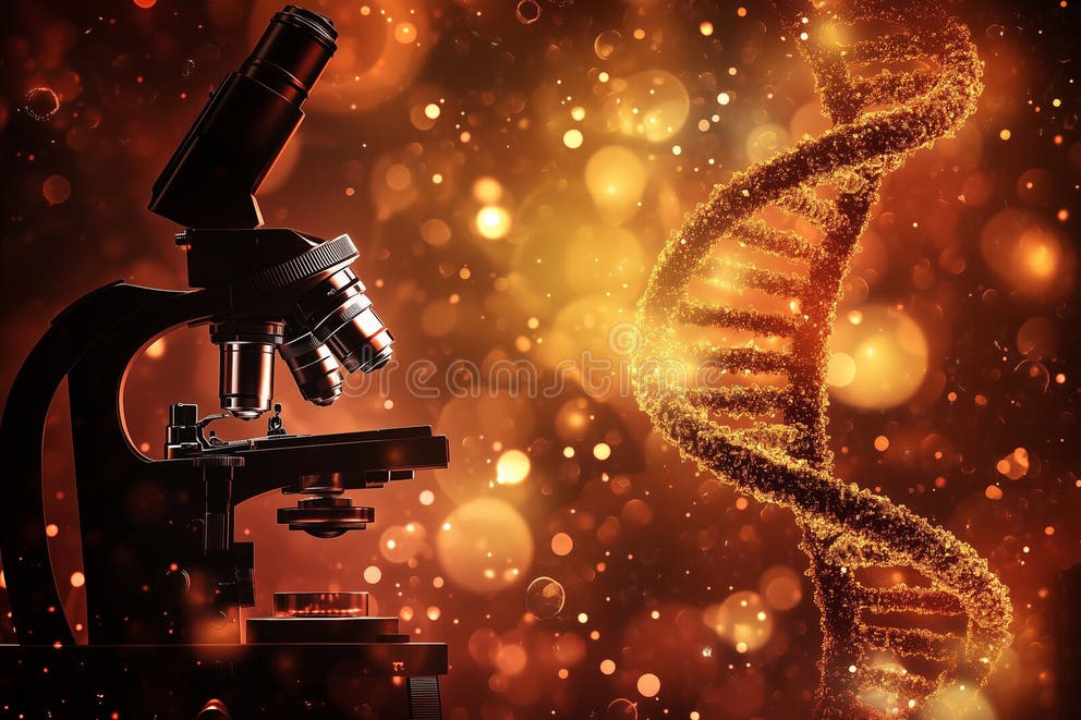 Genetic Sequencing. DNA Chain. Microscope for Studying Genome. Modified ...
