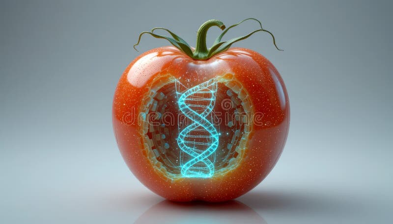 Genetically Modified Tomato with Glowing DNA Helix Stock Image - Image ...