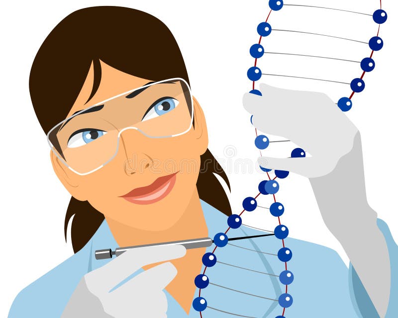 Female Geneticist Character, Young Woman Working with DNA Model Vector ...