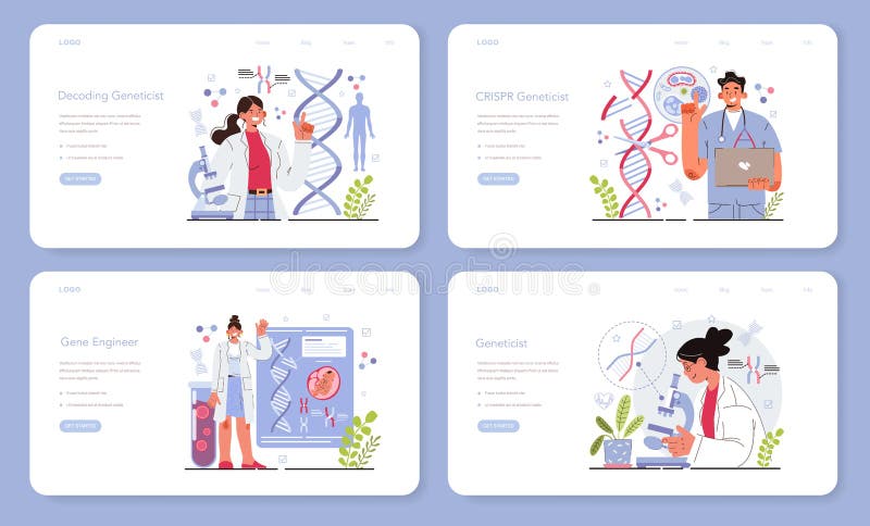 Geneticist Web Banner or Landing Page Set. Scientist Work with DNA ...