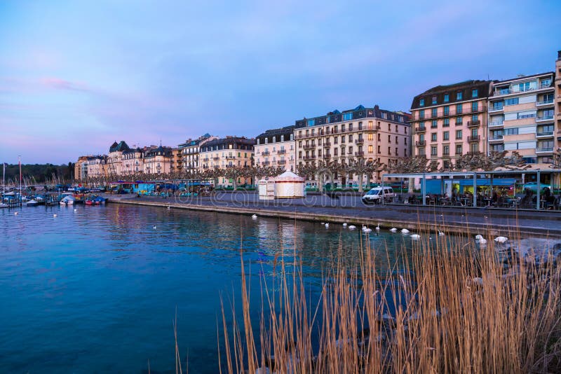 Geneva Lake Shore in Geneva City after Sunset Stock Photo - Image of ...