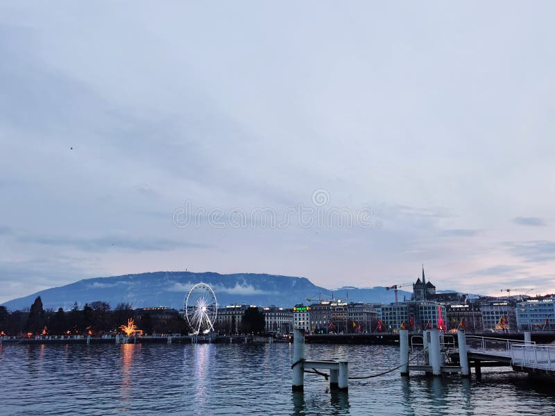 Geneva lakeside in winter stock image. Image of water - 239737879