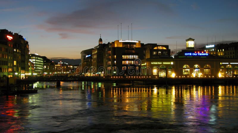 Geneva Skyline at Night, CH Stock Image - Image of center, sunset: 3642223