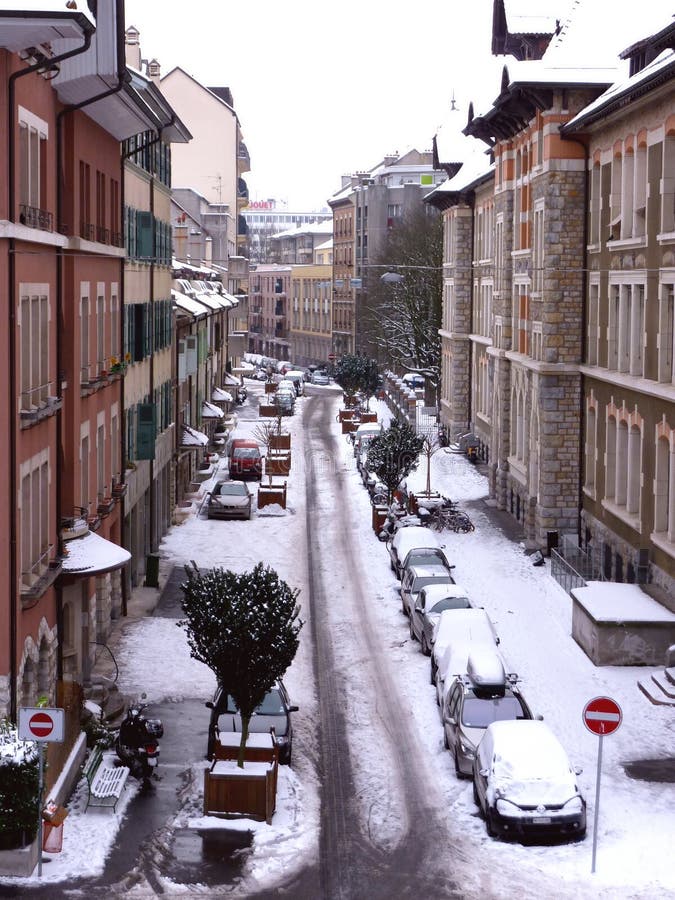 Geneva Snowy Street by Winter Stock Photo - Image of building, white ...