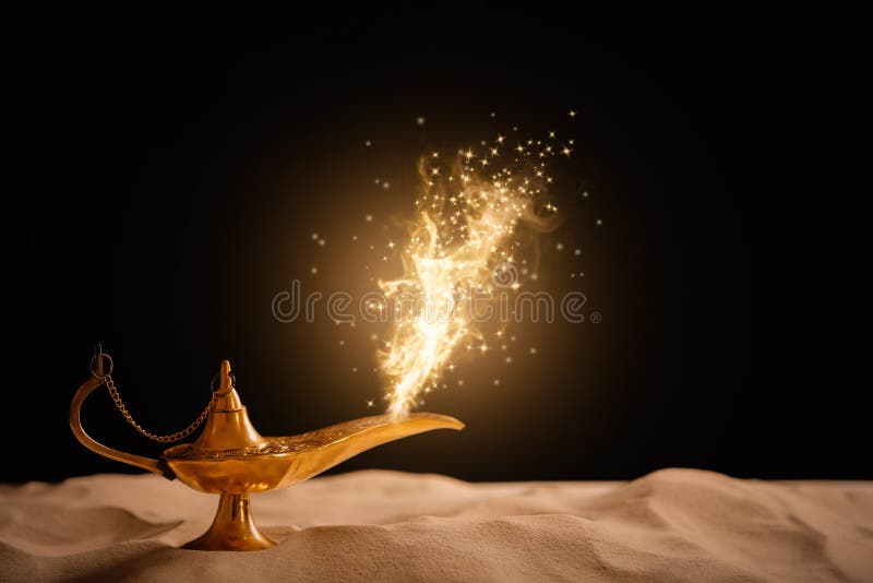 Genie Appearing from Magic Lamp of Wishes Stock Image - Image of black ...