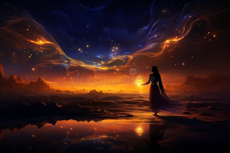Genie in the Desert: Magic Lamp at Night. AI Stock Photo - Image of ...