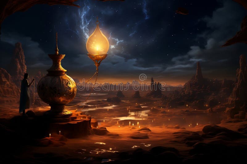 Genie in the Desert: Magic Lamp at Night. AI Stock Illustration ...