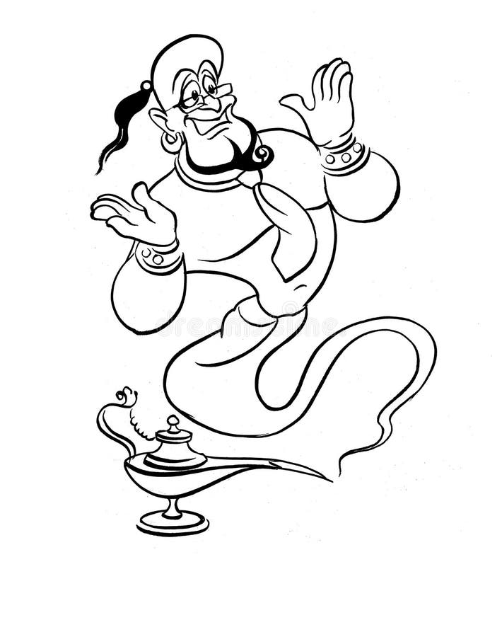 Genie Happy mood Outlined stock illustration. Illustration of colour ...