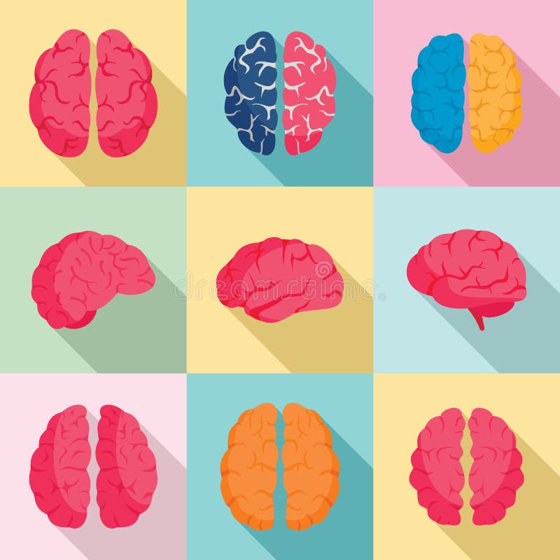 Genius Brain Icon Set, Flat Style Stock Vector - Illustration of ...