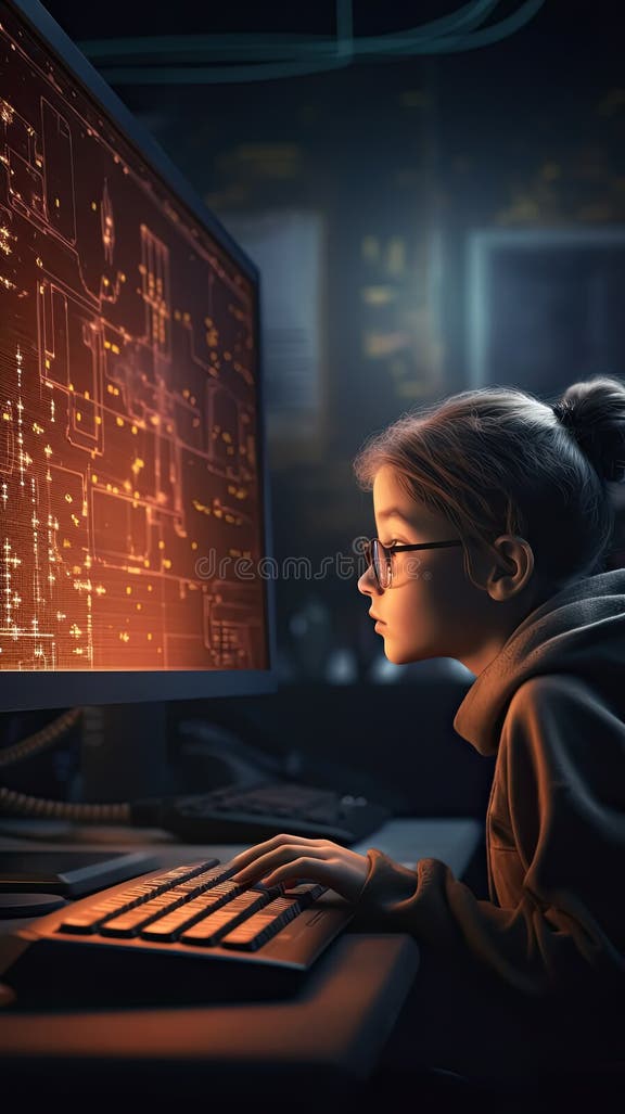 Genius Little Boy As a Hacker is Coding and Programming on Computer ...