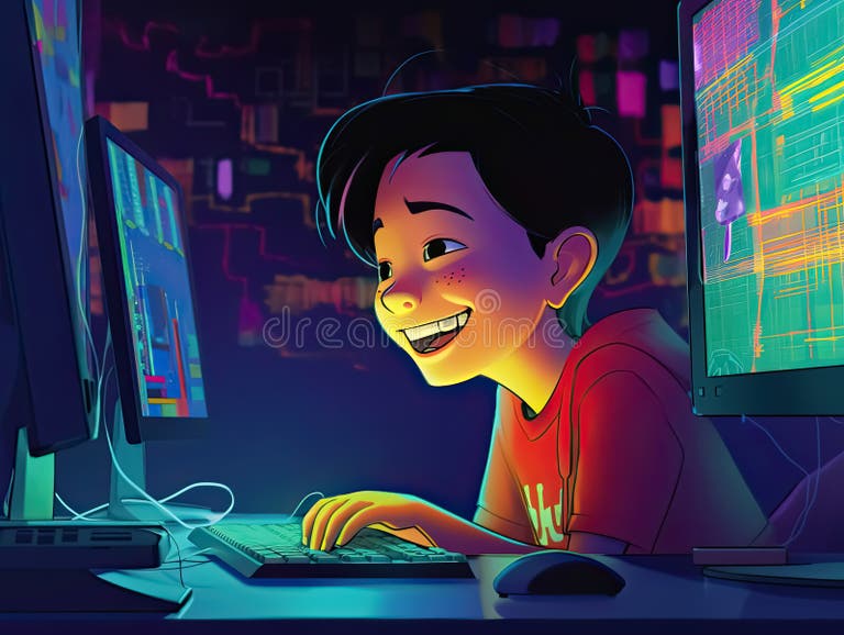 Genius Little Boy As a Hacker is Coding and Programming on Computer ...