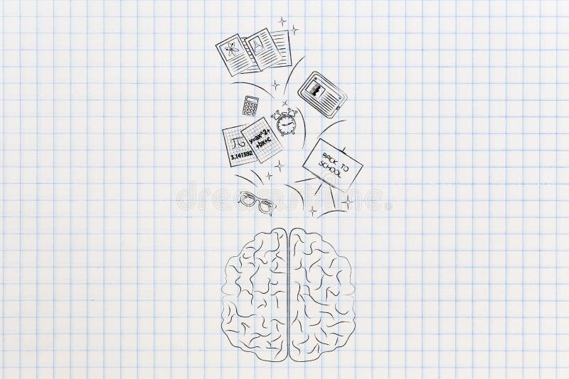 Brain with School Items Going in or Out of it Stock Illustration ...
