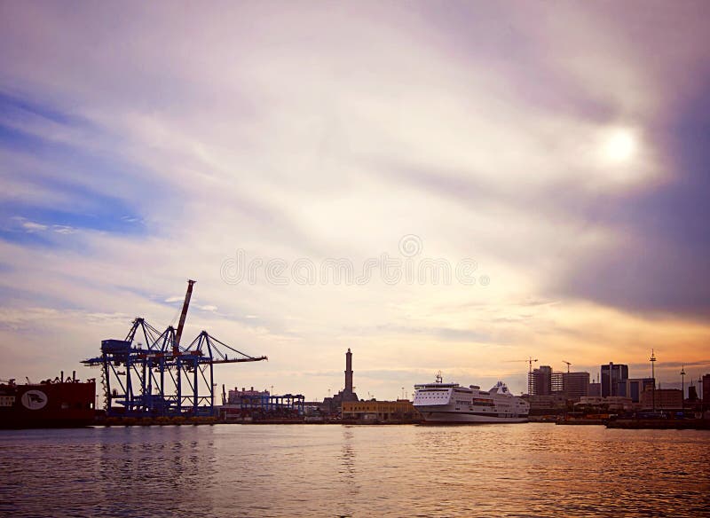 Genoa, Italy - Dramatic Sunset on Genoa Harbor Editorial Photo - Image ...