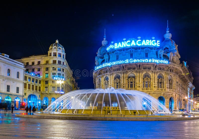 GENOA, ITALY, MARCH 13, 2016: Night View of the Illuminated Square ...