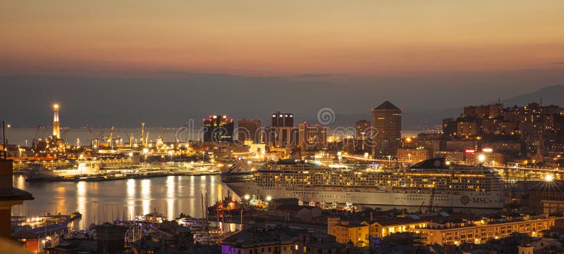 Stunning Panoramic Aerial View of the Port of Genoa in the Night ...