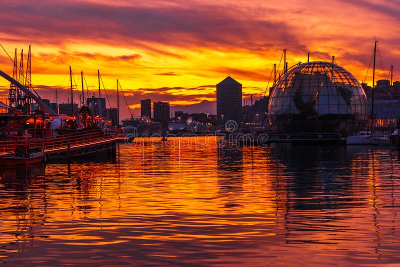 Genoa port with sunset stock photo. Image of dawn, famous - 257142044