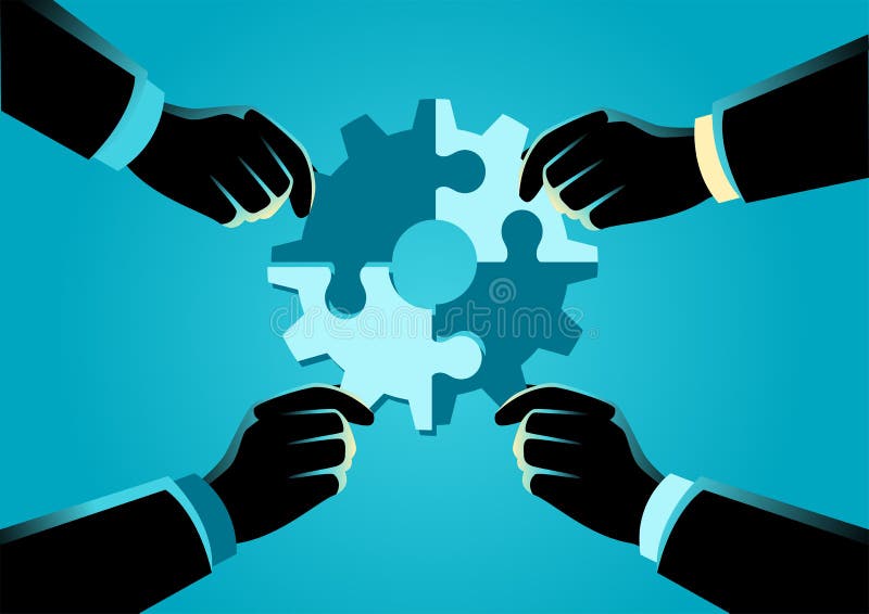 Gente Montando Rompecabezas Formando Un Engranaje Ilustración del ...