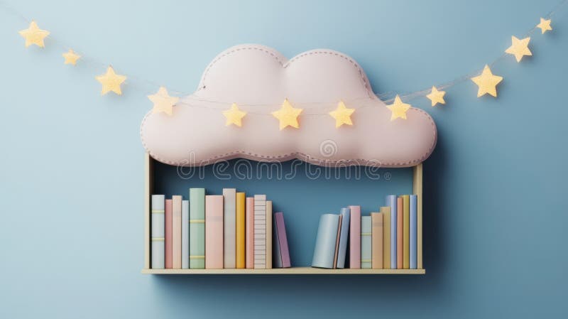 Charming Cloud-shaped Bookshelf Adorned with Pastel Books and a ...